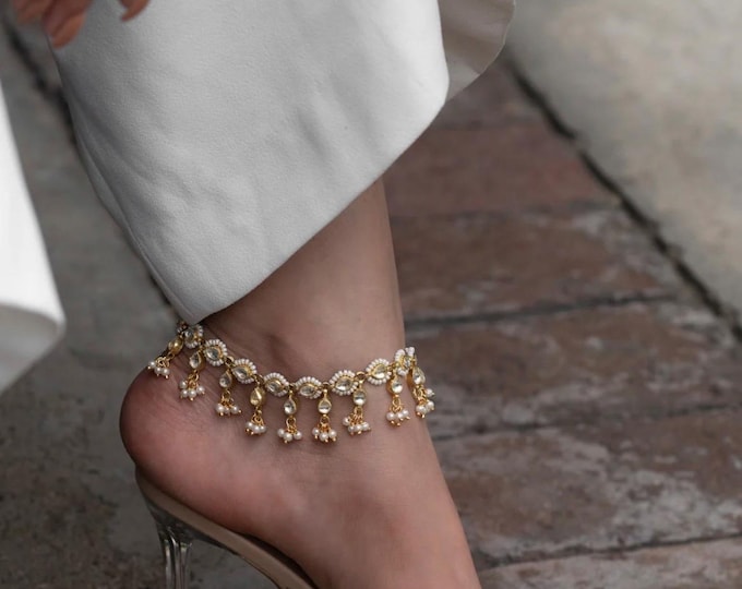 Pakistani Indian Punjabi Gold Amritsari Kundan Pearls Anklet Payal Pair ...
