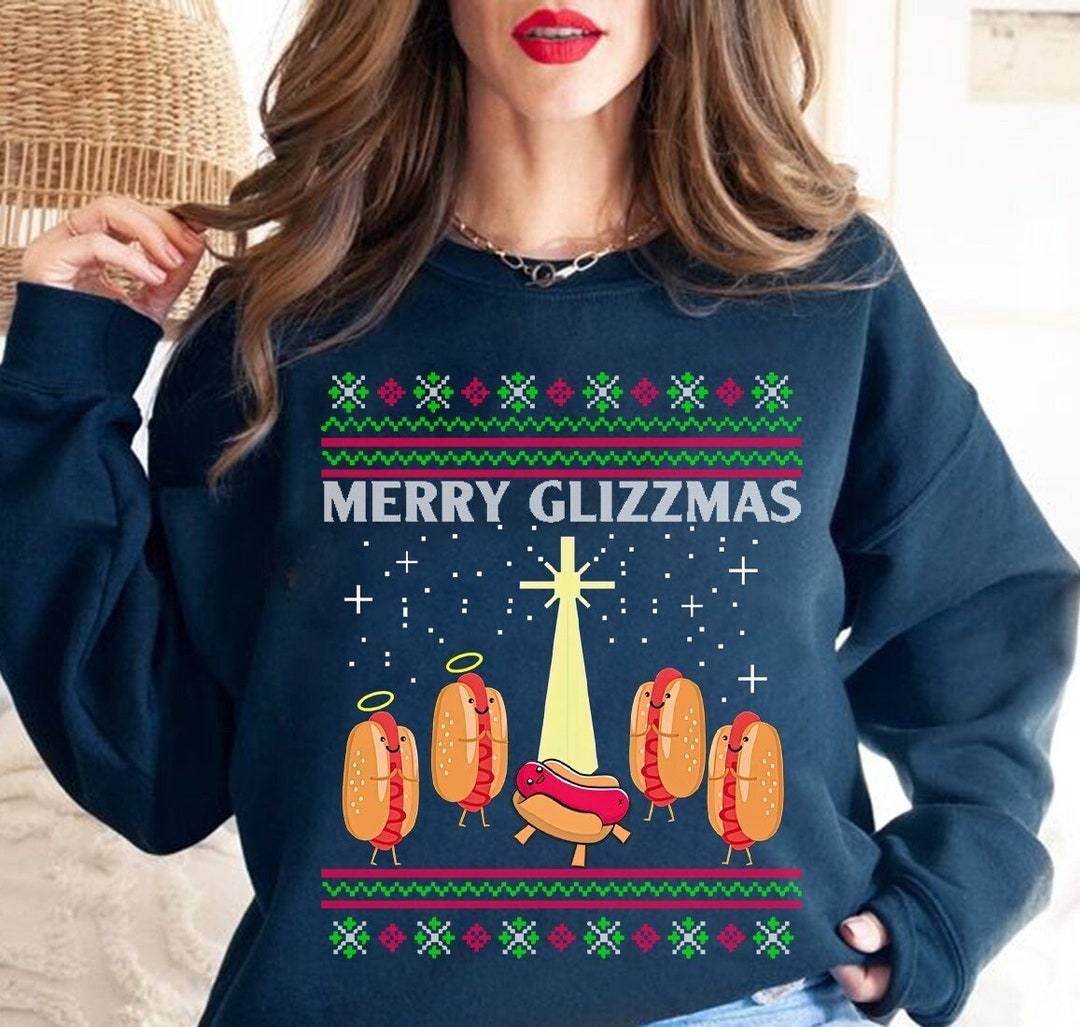 Merry Glizzmas Tacky Sweatshirt, Funny Hot Dogs Shirt, Ugly Christmas ...