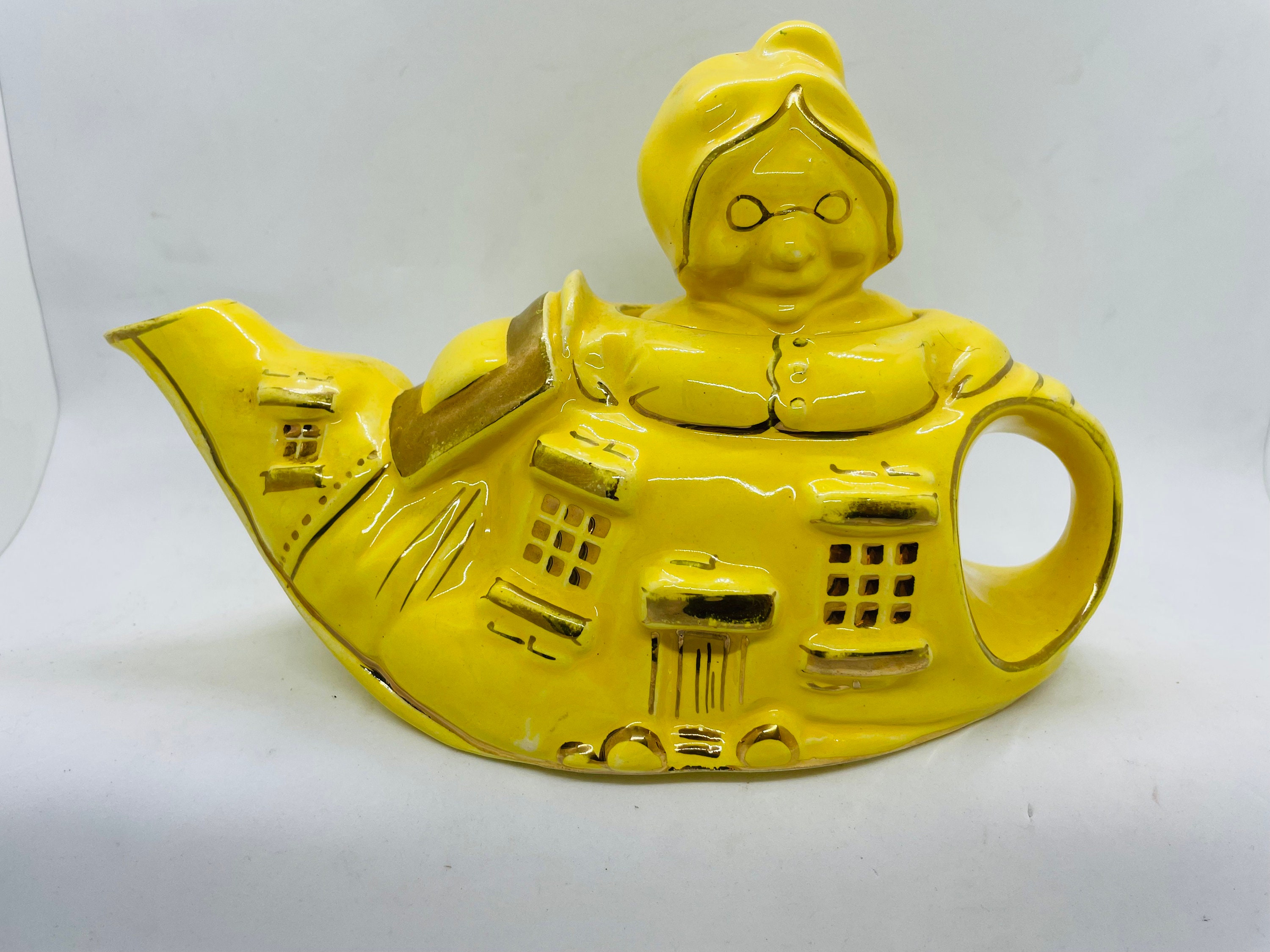 Teapot, 1930's Old Woman in the Shoe, Yellow With Gold, Lingard, Made ...