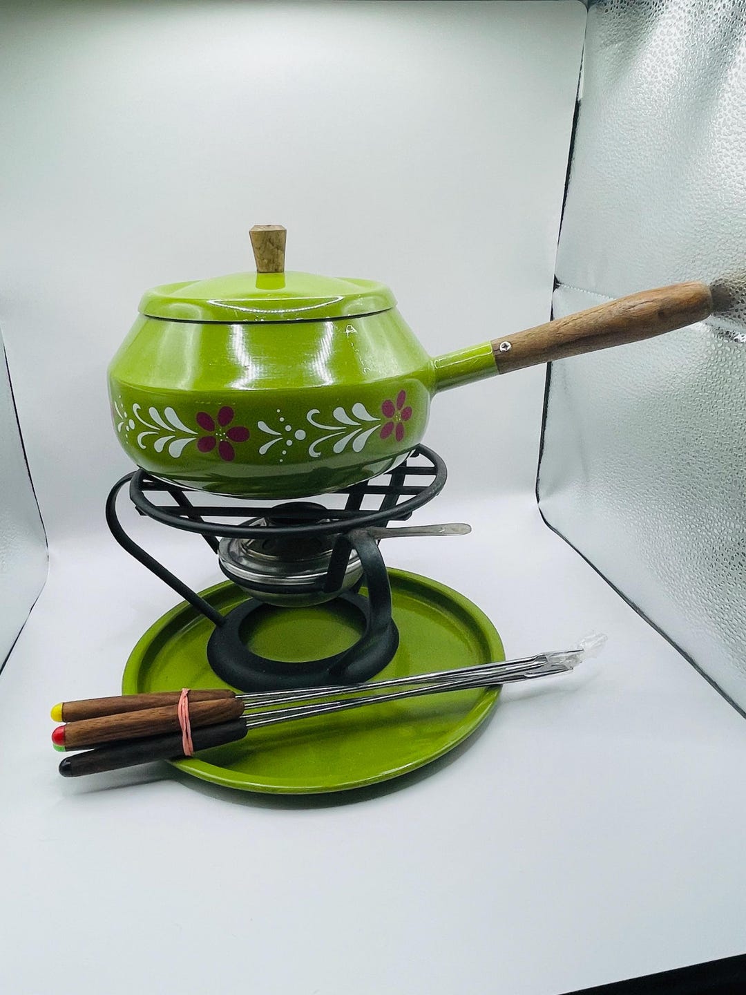 Funky Fondue Set, Green With Pink Flowers - Etsy Australia