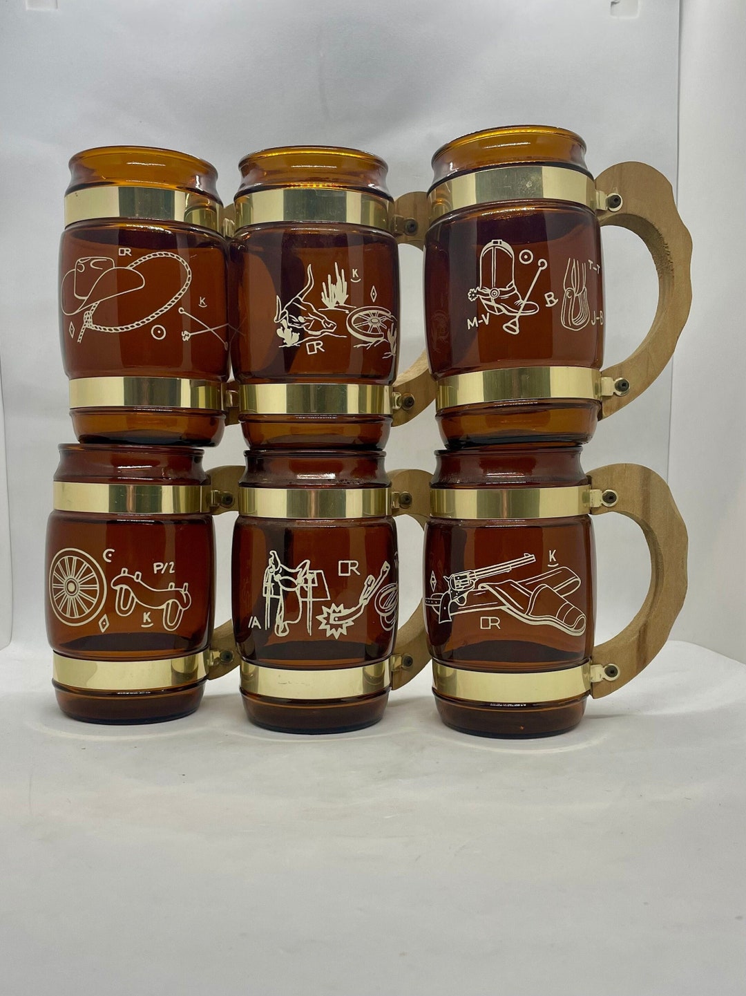Siestaware Amber Glass Barrel Mugs COWBOY Themed Set of 6 - Etsy