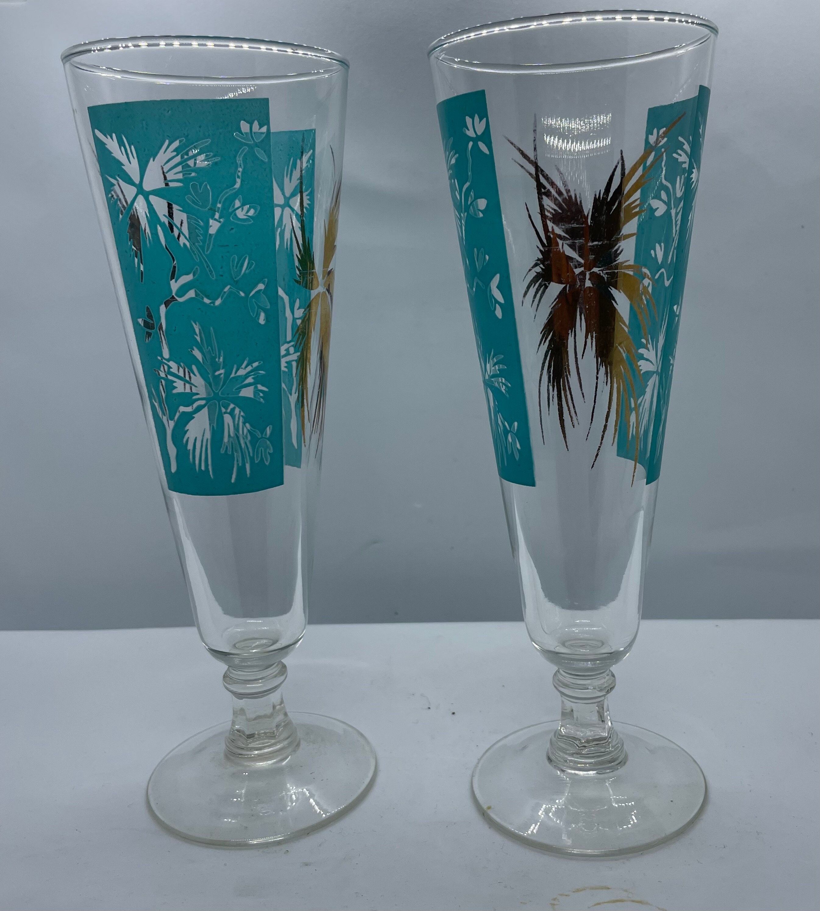 RARE Find MCM LIBBEY Pilsner Glasses, Turquoise and Gold Floral Burst ...