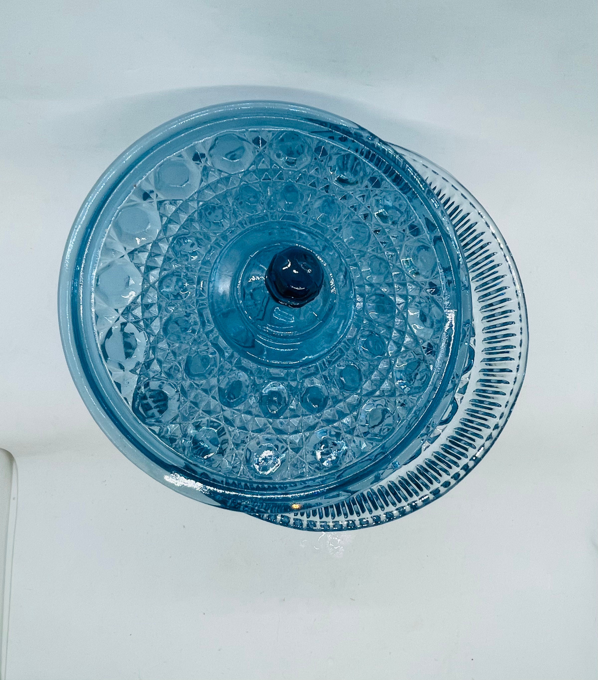 Vintage Indiana Glass Blue Pressed Glass Lidded Dish, Button and Cane ...