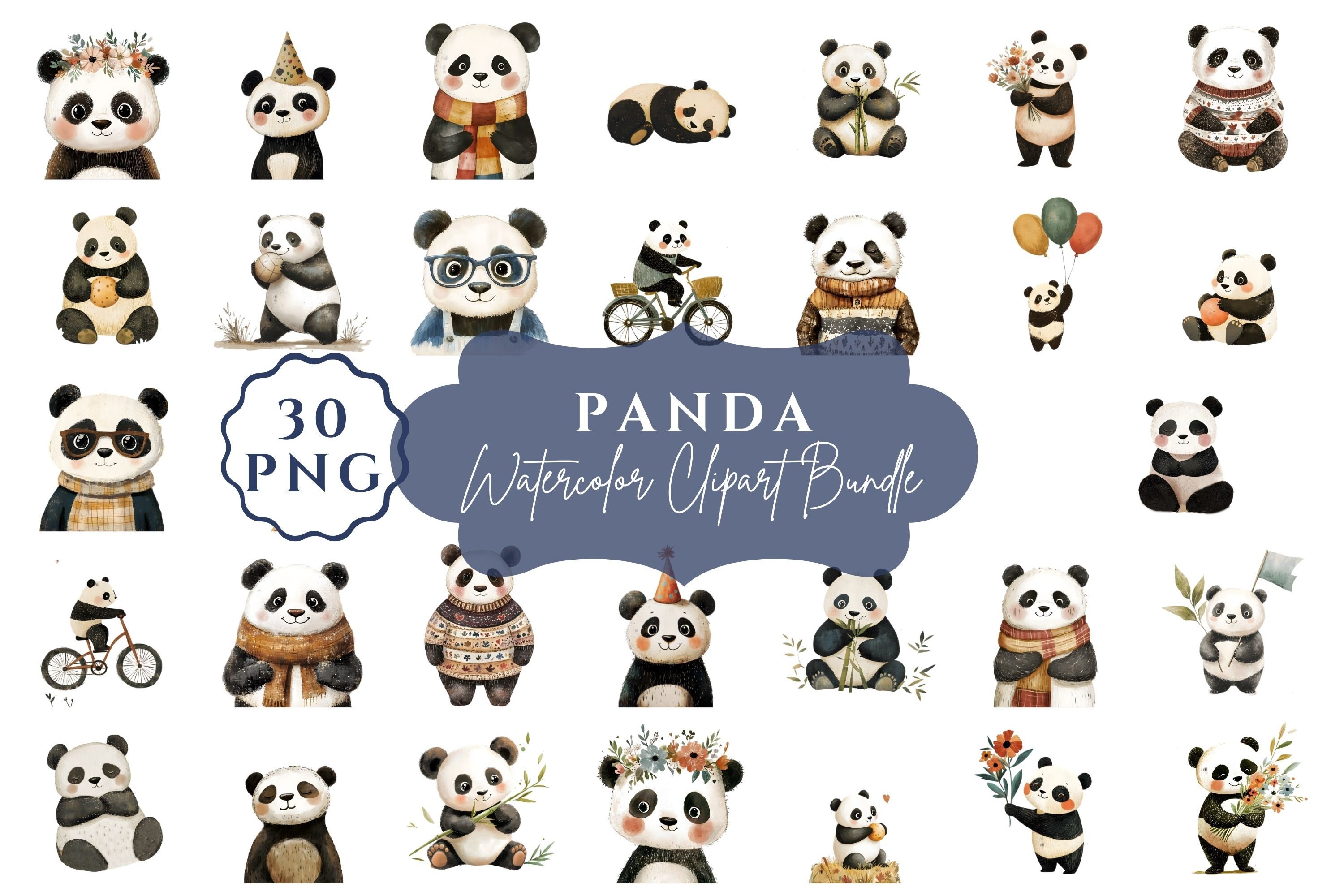 Cute Watercolor Panda Bear Clipart Sublimation Design Bundle, for ...