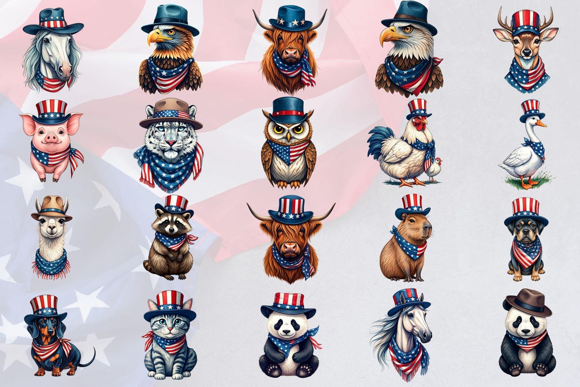 4th July Animals Clipart & Sticker Bundle, Patriotic Watercolor Clipart ...