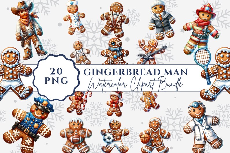 Cute Gingerbread Man Png Clipart Bundle , Watercolor Christmas Cookie Clipart, Holiday ...