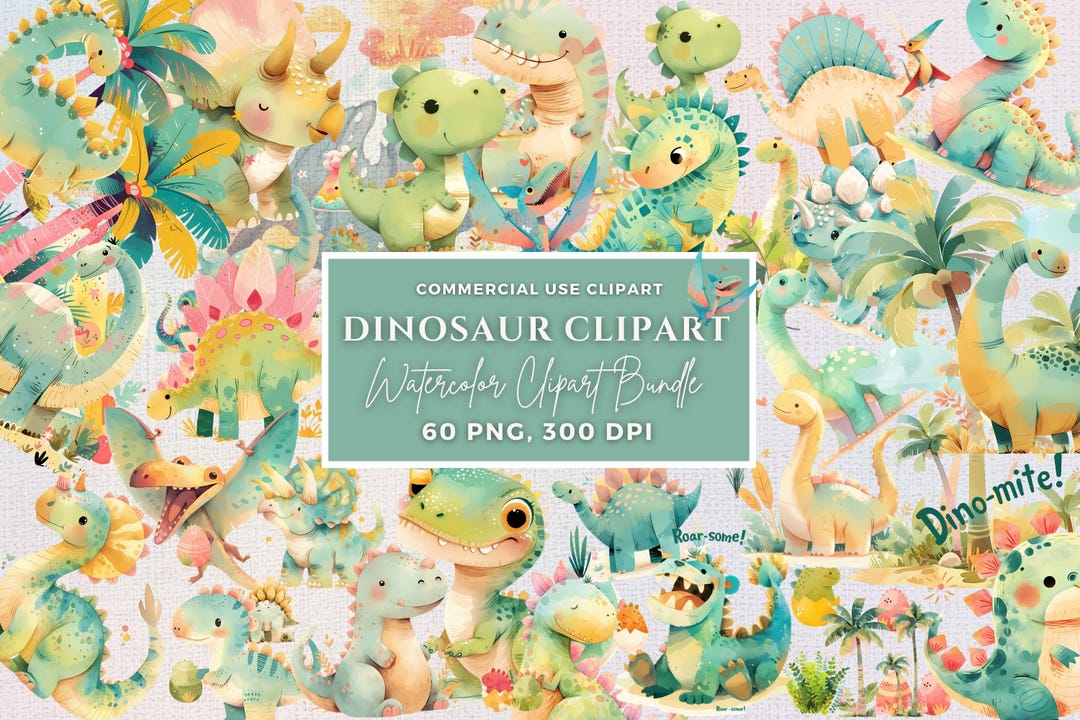 Watercolor Dinosaur Clipart PNG Bundle , Cute Printable Dinosaur ...
