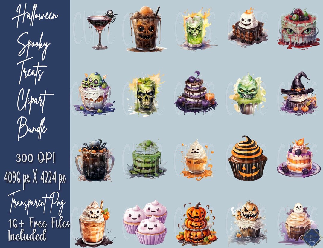 Halloween Desserts Drinks Clipart Bundle , Scary Gothic Watercolor ...