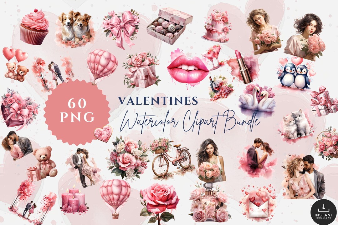 Watercolor Valentines Day Clipart , Cute Romantic Clipart, Valentine ...