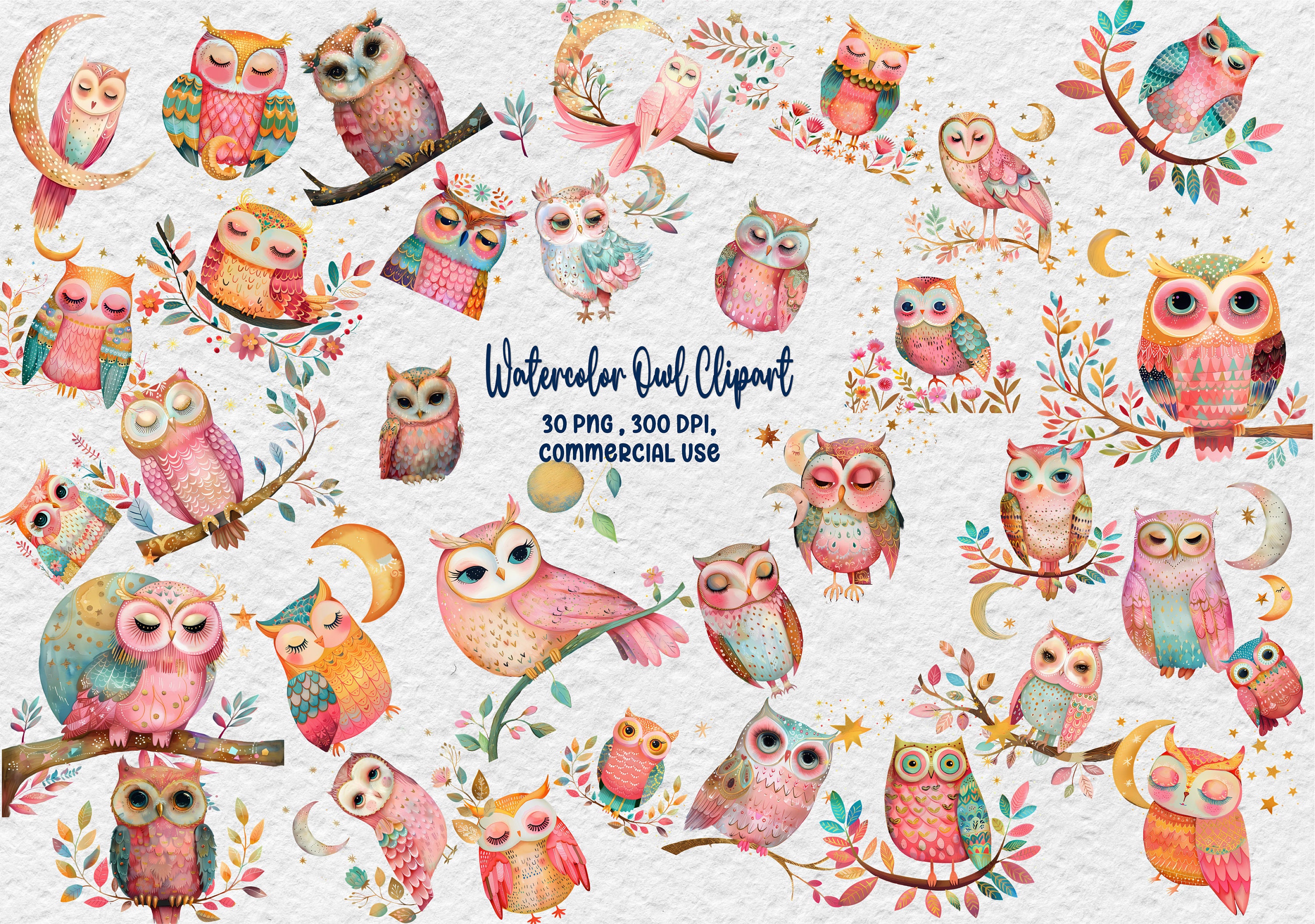 Watercolor Whimsical Owl Clipart Png Bundle , Cute Nursery Owl Art ...