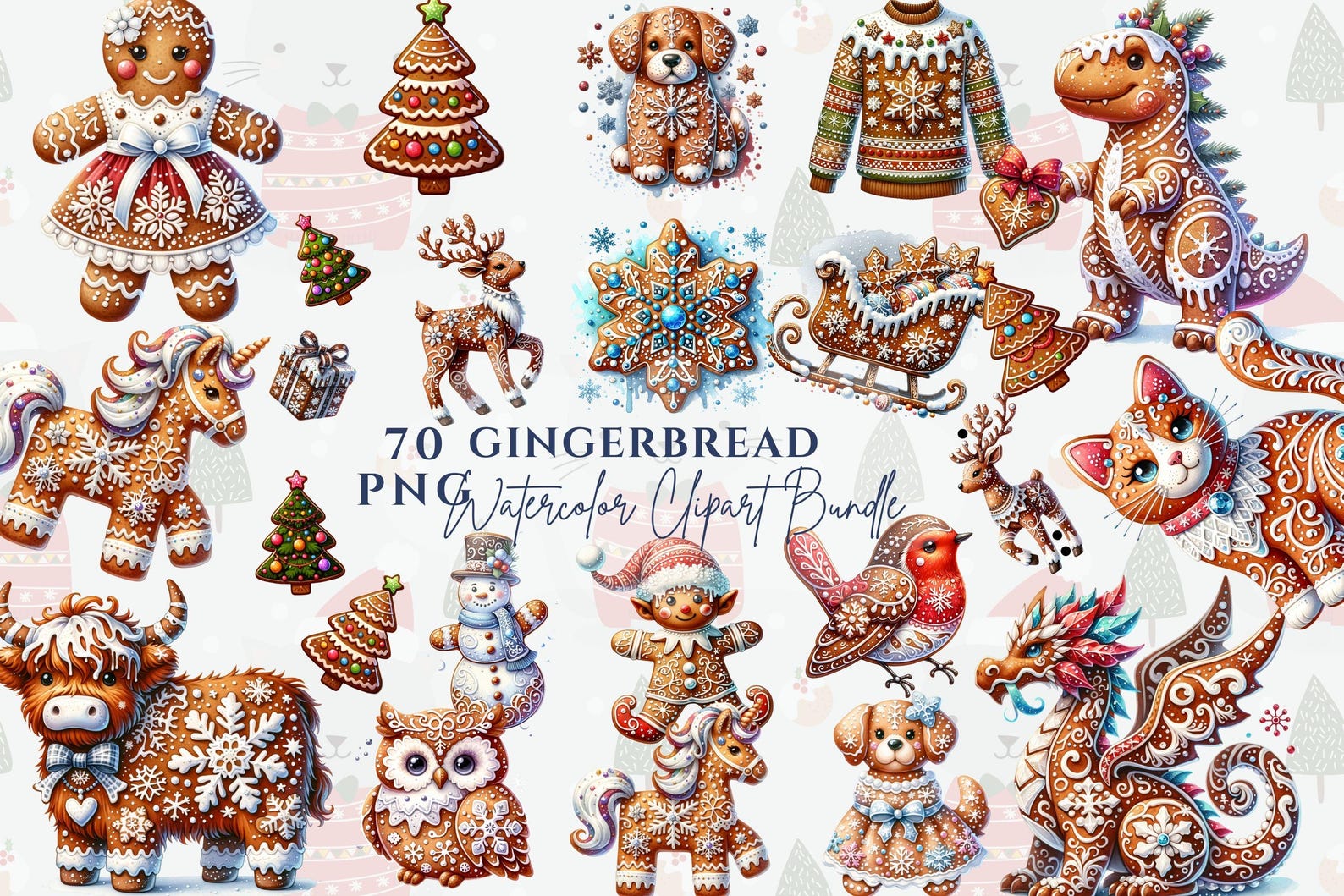 Cute Watercolor Gingerbread Png Clipart Bundle , Watercolor Christmas ...