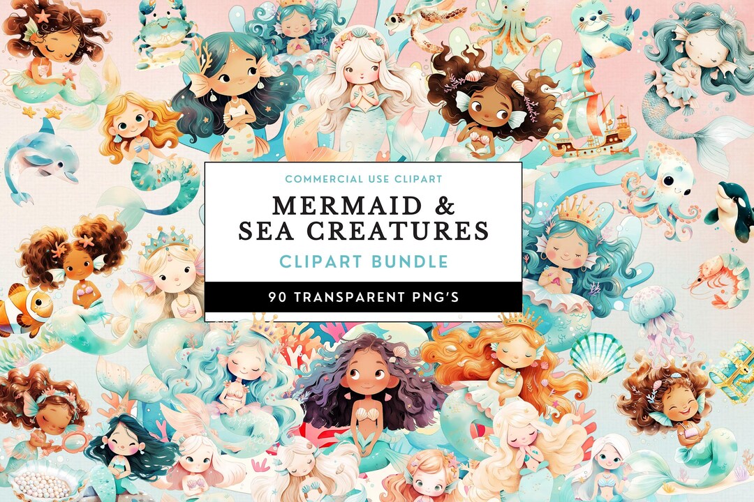 Watercolor Mermaid Clipart With Sea Creatures , Cute Little Mermaid PNG ...