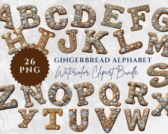 Gingerbread Alphabet Png Clipart Bundle , Watercolor Christmas Cookie ...