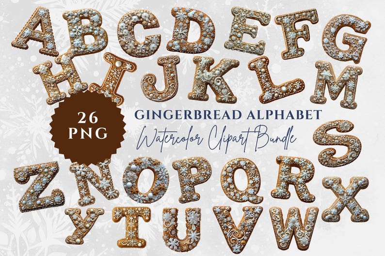 Gingerbread Alphabet Png Clipart Bundle , Watercolor Christmas Cookie ...
