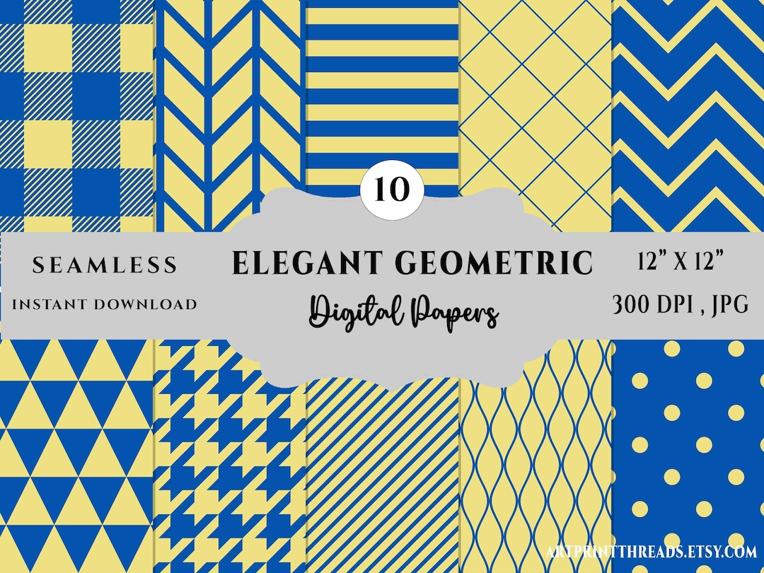 Blue Yellow Geometric Patterns, Scrapbook Paper Pack (digital Download ...
