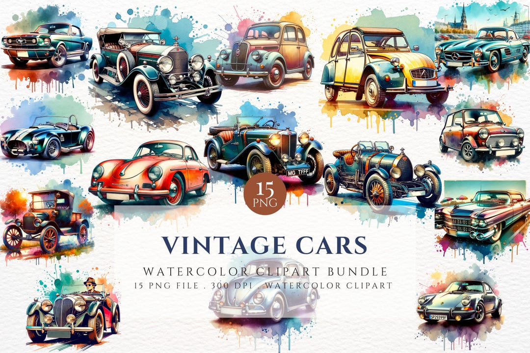 Watercolor Vintage Cars Png Clipart Bundle, Retro Car Digital Art Print ...