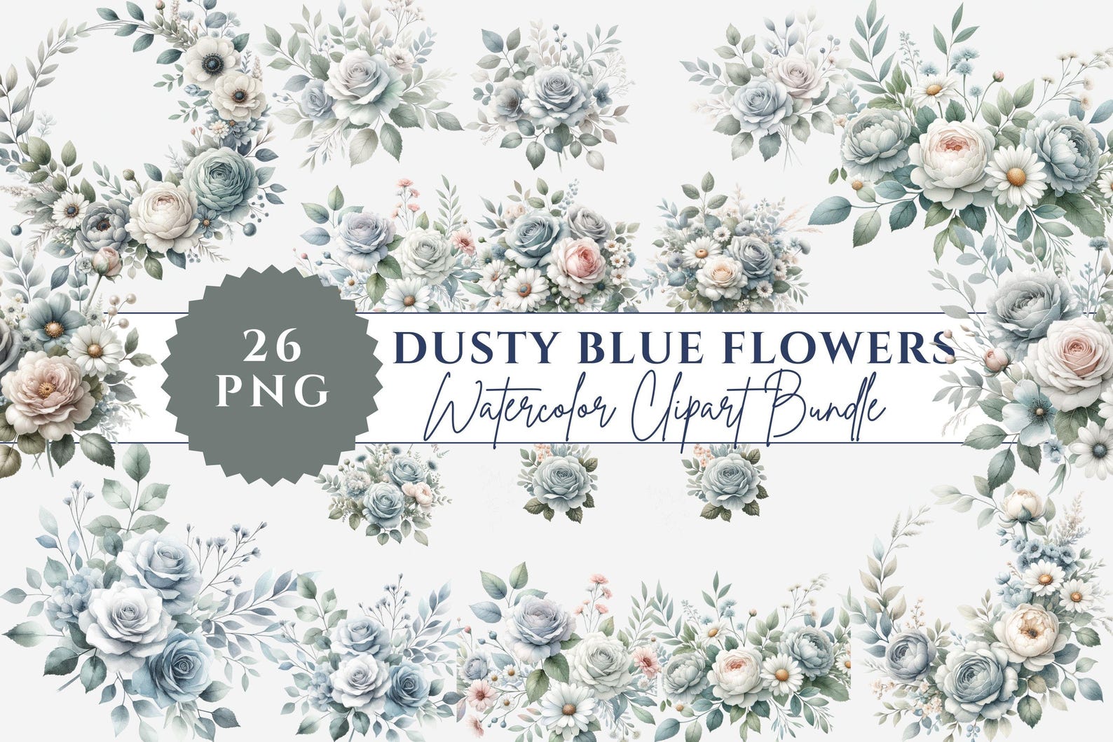 Watercolor Dusty Blue Floral Clipart Bundle , Roses,peonies,daisies ...