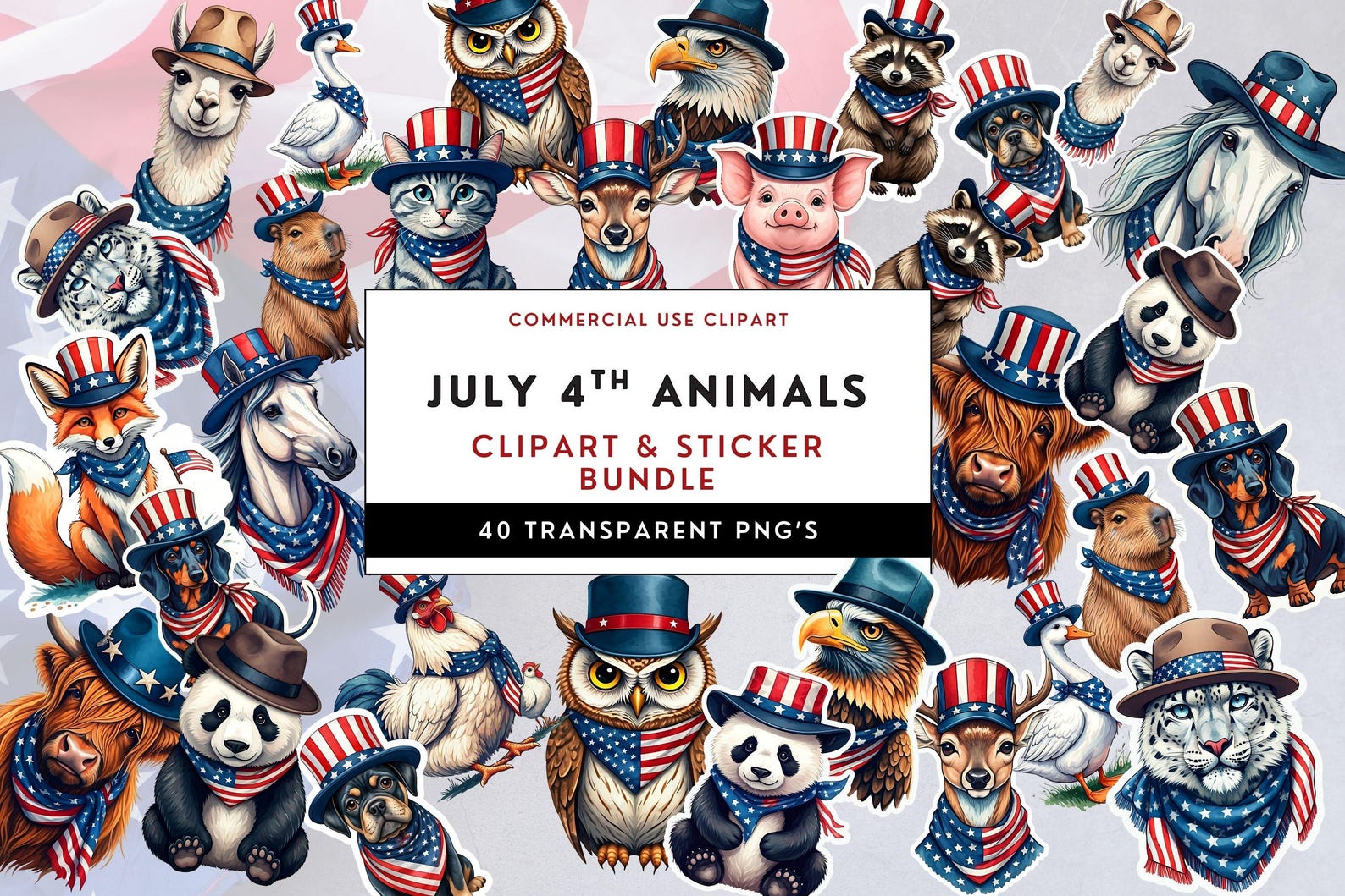 4th July Animals Clipart & Sticker Bundle, Patriotic Watercolor Clipart ...