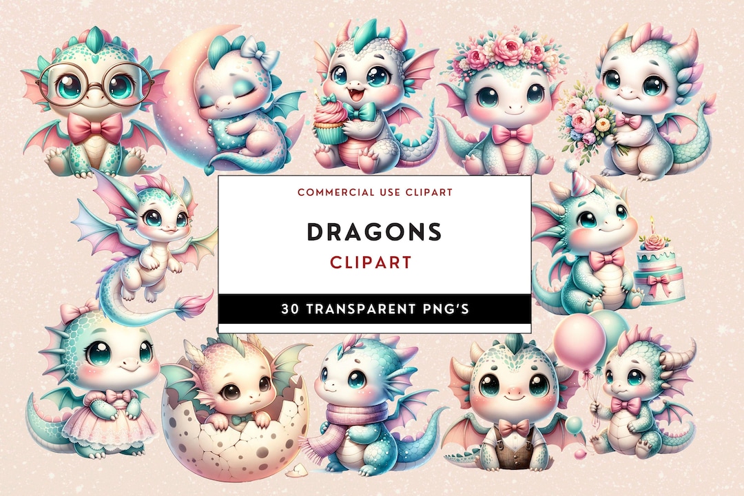 Dragon Nursery Watercolor Clipart, Cute Baby Dragon PNG, Fantasy Decor ...
