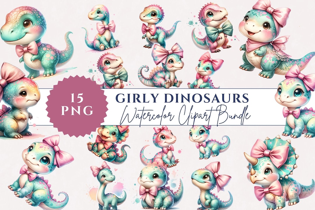 Girly Dinosaurs Watercolor Clipart Set, Dino Nursery Decor (PNG Files ...