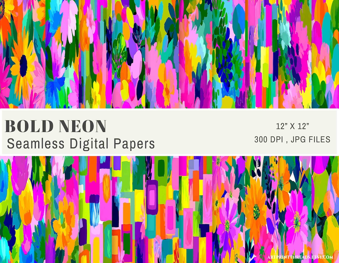 Neon Floral Digital Paper Pack, Seamless Flower Patterns (digital ...