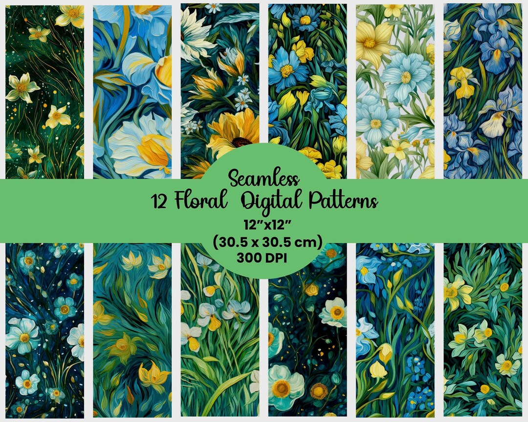 Watercolor Flowers Digital Paper, Green Floral Wallpaper, Blue and ...