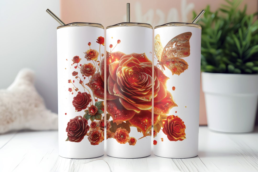 Metallic Red Rose Tumbler Wrap Png 20 Oz Skinny Tumbler Sublimation ...