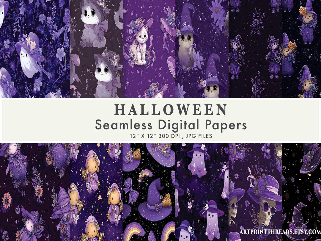 Seamless Halloween Digital Paper, Cute Ghosts & Pumpkins Patterns ...