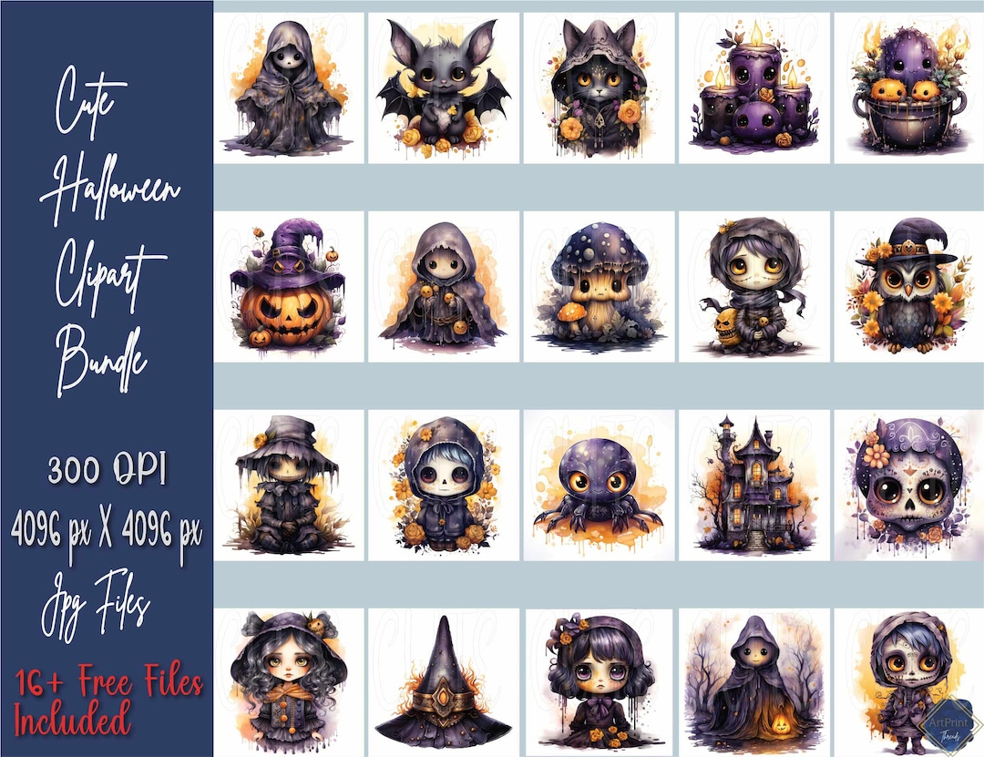 Cute Halloween Clipart Bundle , Watercolor Spooky Kawaii Clipart ...