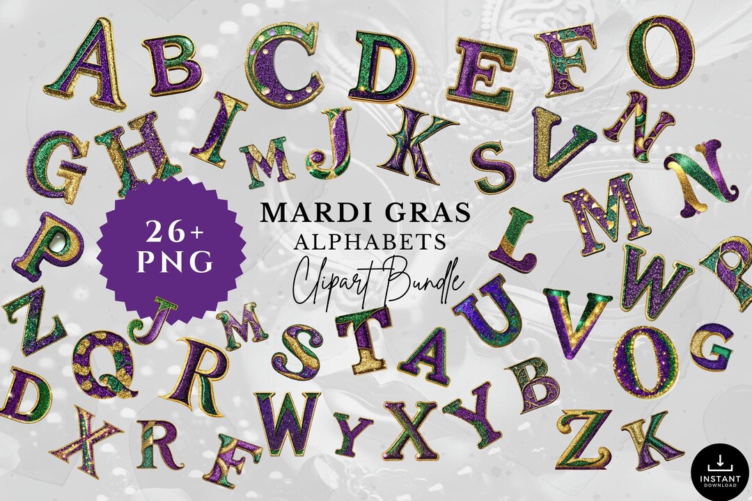 Mardi Gras Alphabet Clipart Sublimation Font , Decorative 3D Letters ...
