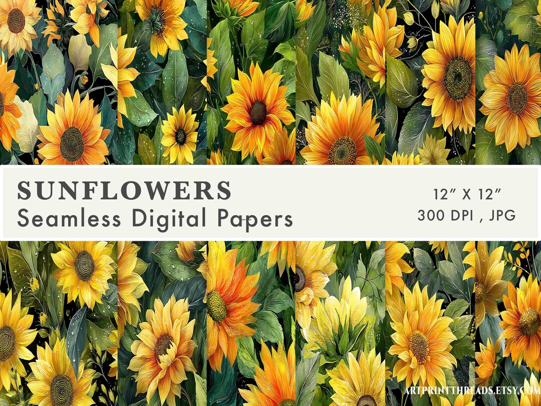 Sunflowers Digital Paper Pack Flower Seamless Pattern Junk Journal ...