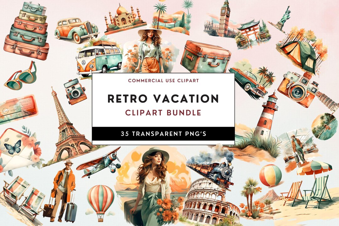 Retro Watercolor Vacation Clipart, Travel Clipart, Family Adventure PNG ...
