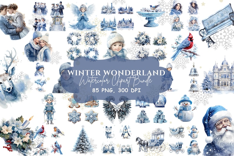 Winter Wonderland Clipart , Watercolor Christmas Clipart , Blue ...