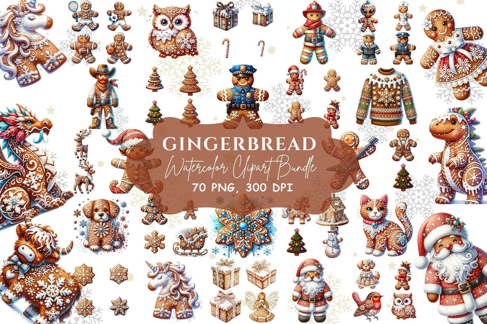 Cute Watercolor Gingerbread Png Clipart Bundle , Watercolor Christmas ...