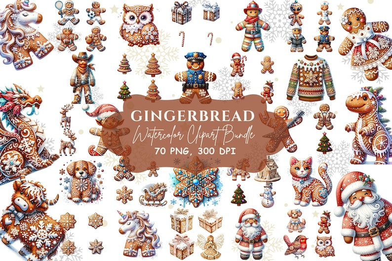 Cute Watercolor Gingerbread Png Clipart Bundle , Watercolor Christmas ...