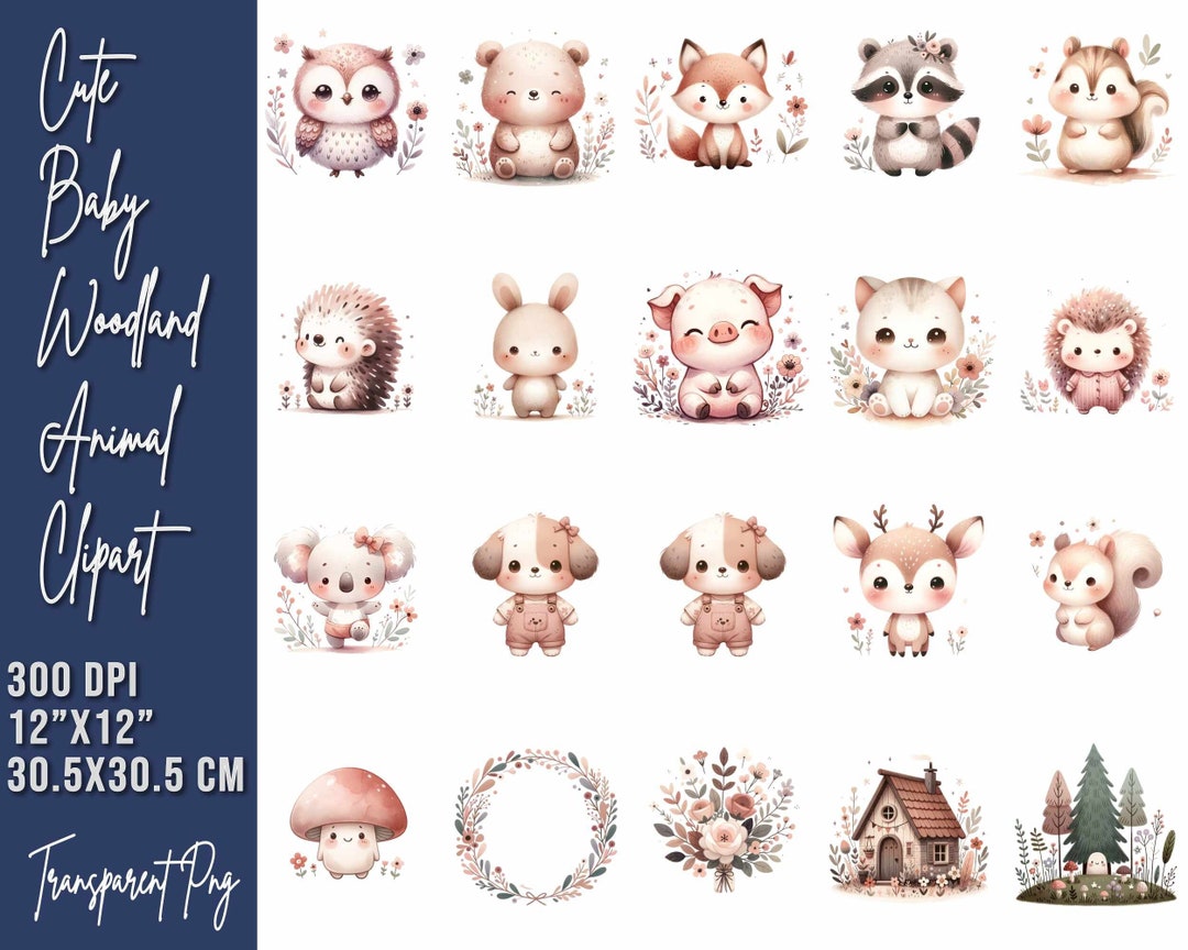 Baby Woodland Animals Clipart Bundle, Cute Safari Art Deer, Fox, Owl ...