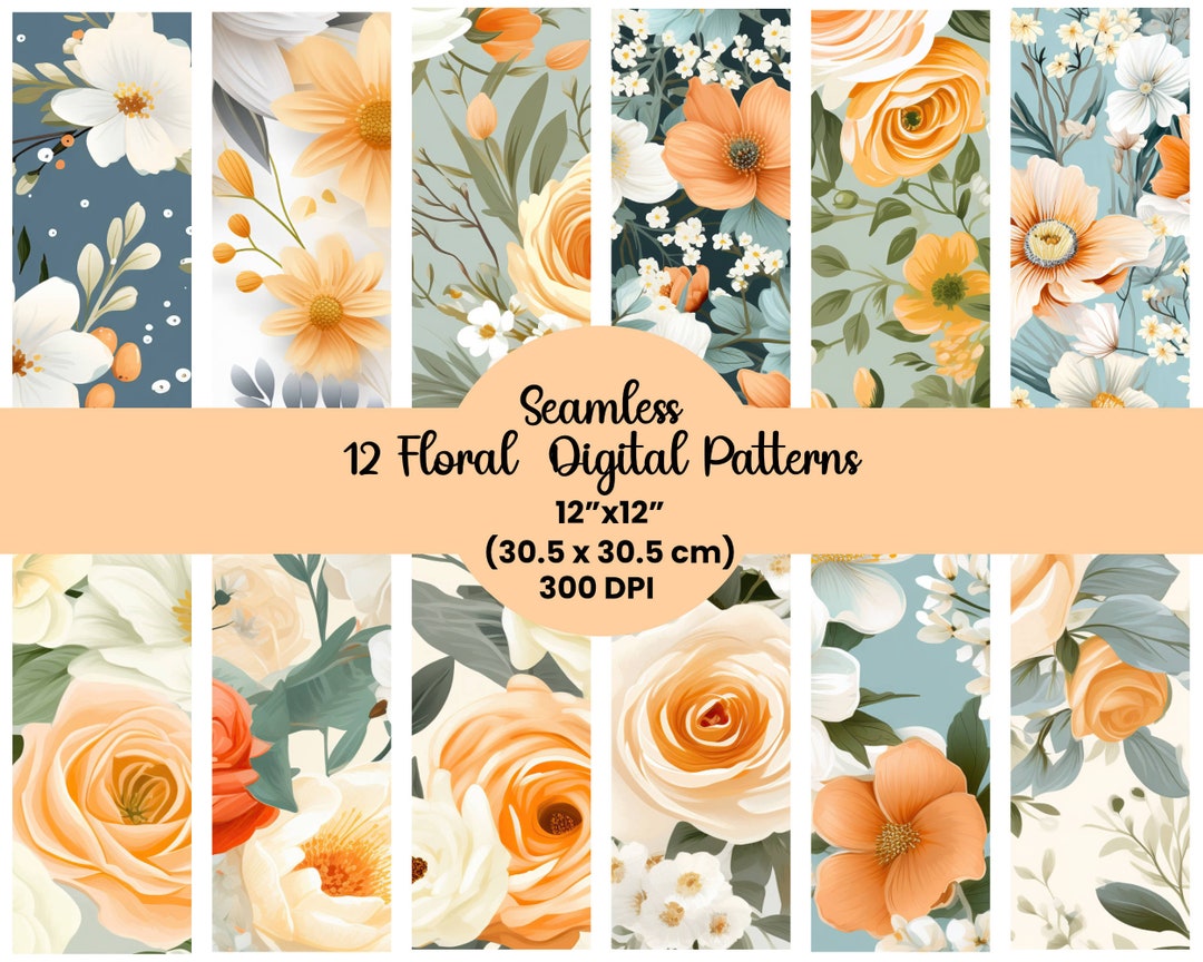 Floral Digital Paper Background, Peach & White Flowers Pattern ...