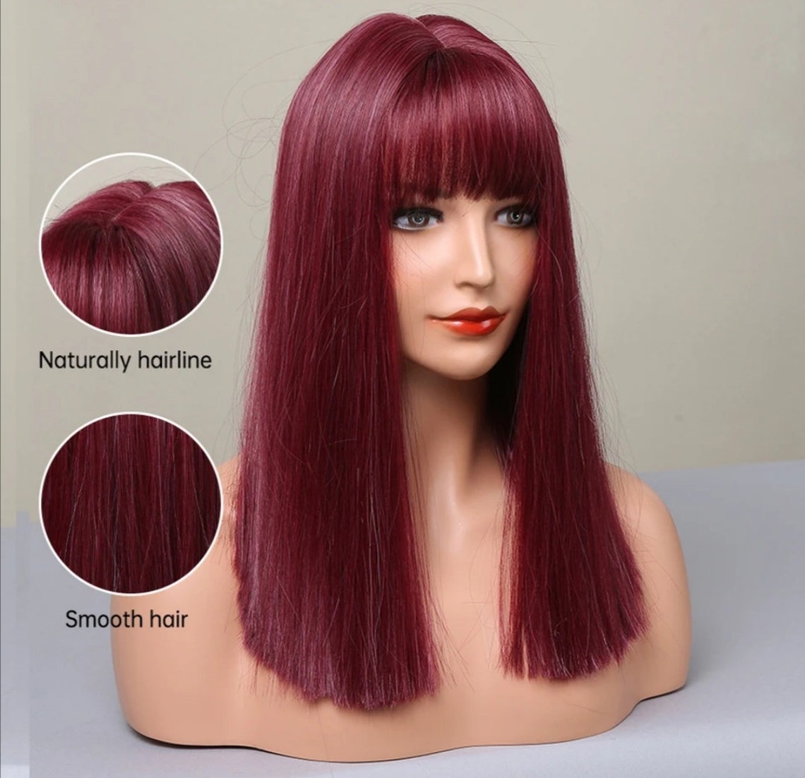 Burgundy Long Synthetic Wig With Bangs - Etsy