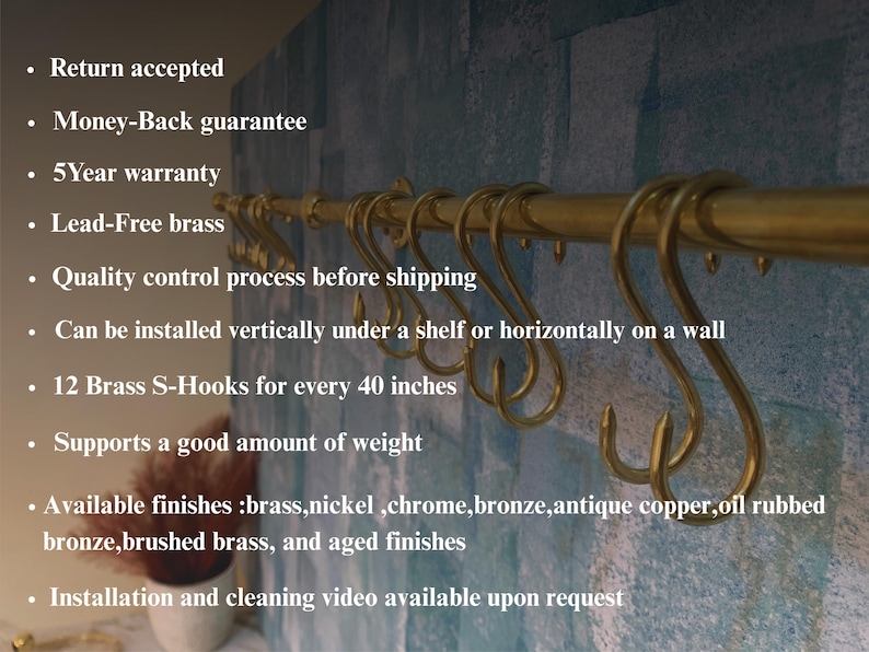 Brass Pot Rack, Kitchen Rail, Brass Hooks, Kitchen Organizer Wall ...