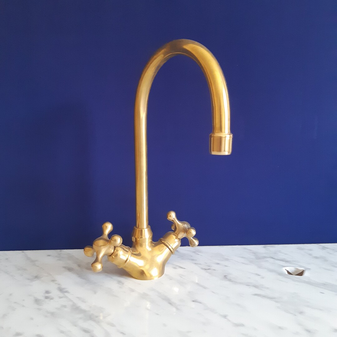 Unlacquered Solid Brass Kitchen Faucet: Gooseneck Bar Sink - Etsy