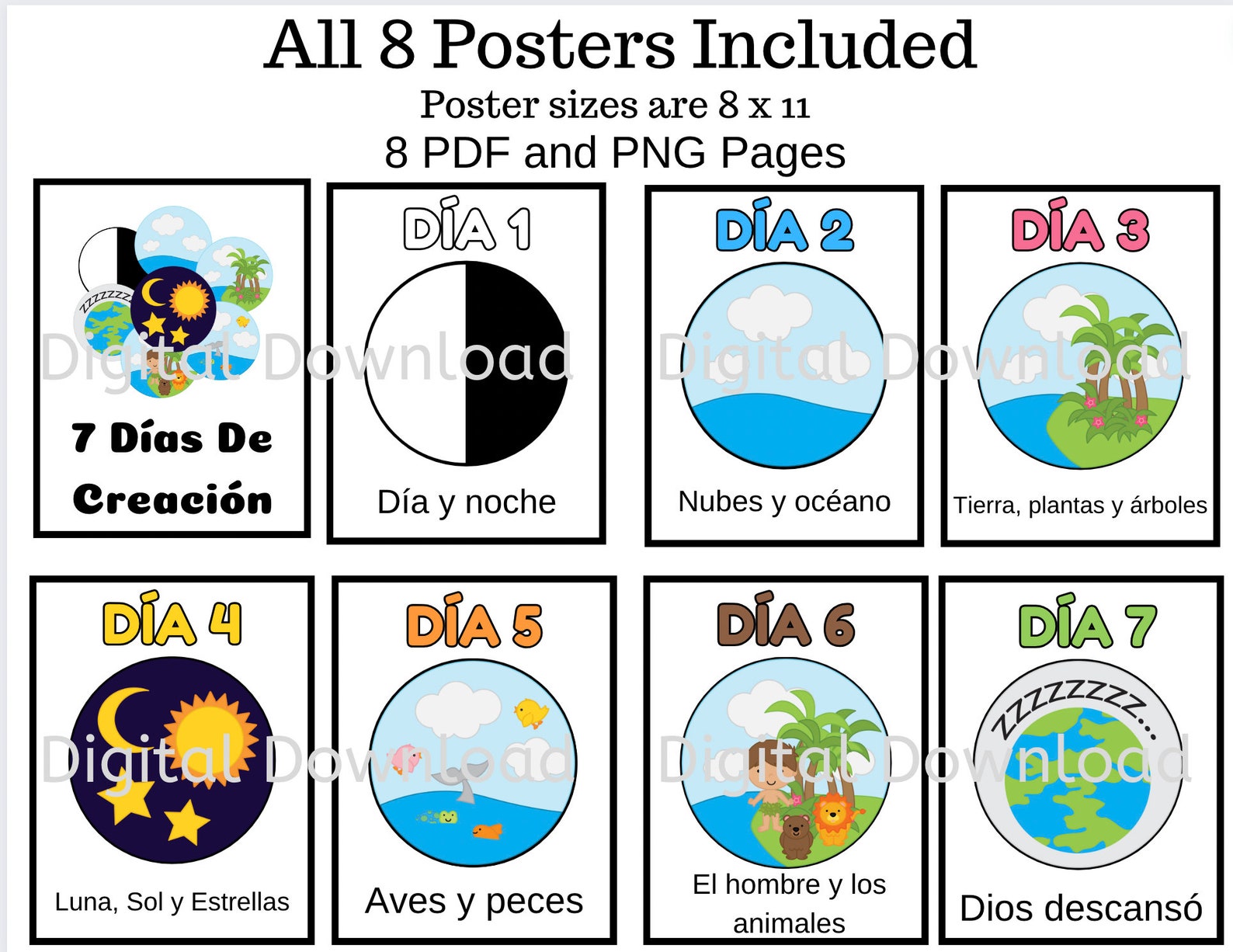 7 Days of Creation SPANISH Posters DIGITAL DOWNLOAD // Church Activity ...
