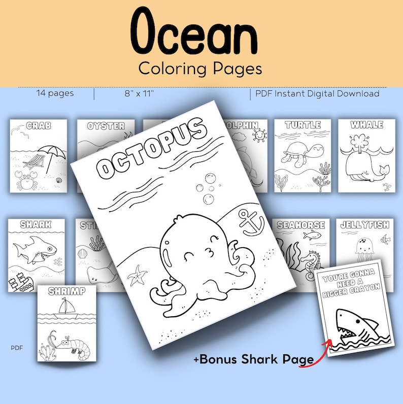 Ocean Coloring Pages DIGITAL DOWNLOAD // Printable Acitivity // Shark ...