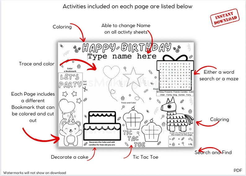 Birthday Activity Coloring Pages DIGITAL DOWNLOAD // Printable Activity ...