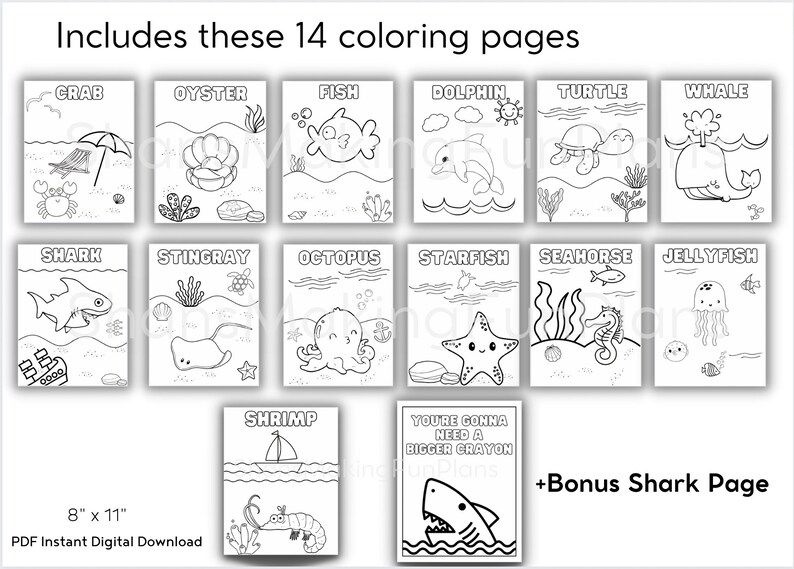 Ocean Coloring Pages DIGITAL DOWNLOAD // Printable Acitivity // Shark ...