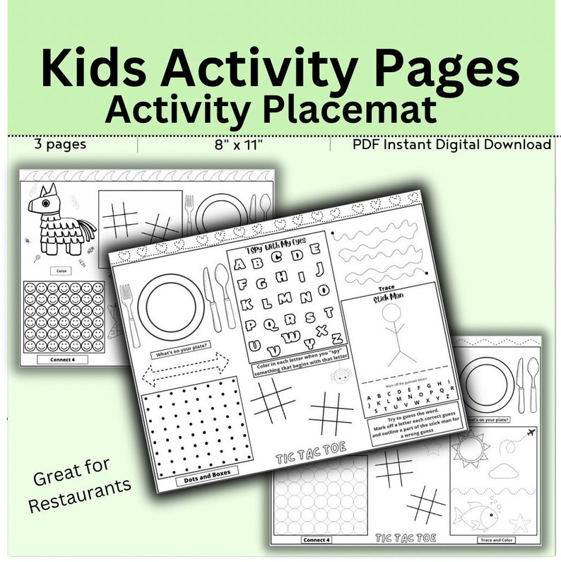Kids Activity Pages DIGITAL DOWNLOAD // Placemat Printable Activity ...