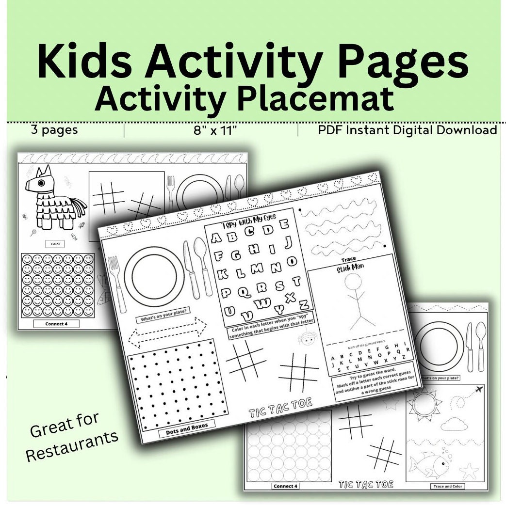 Kids Activity Pages DIGITAL DOWNLOAD // Placemat Printable Activity ...