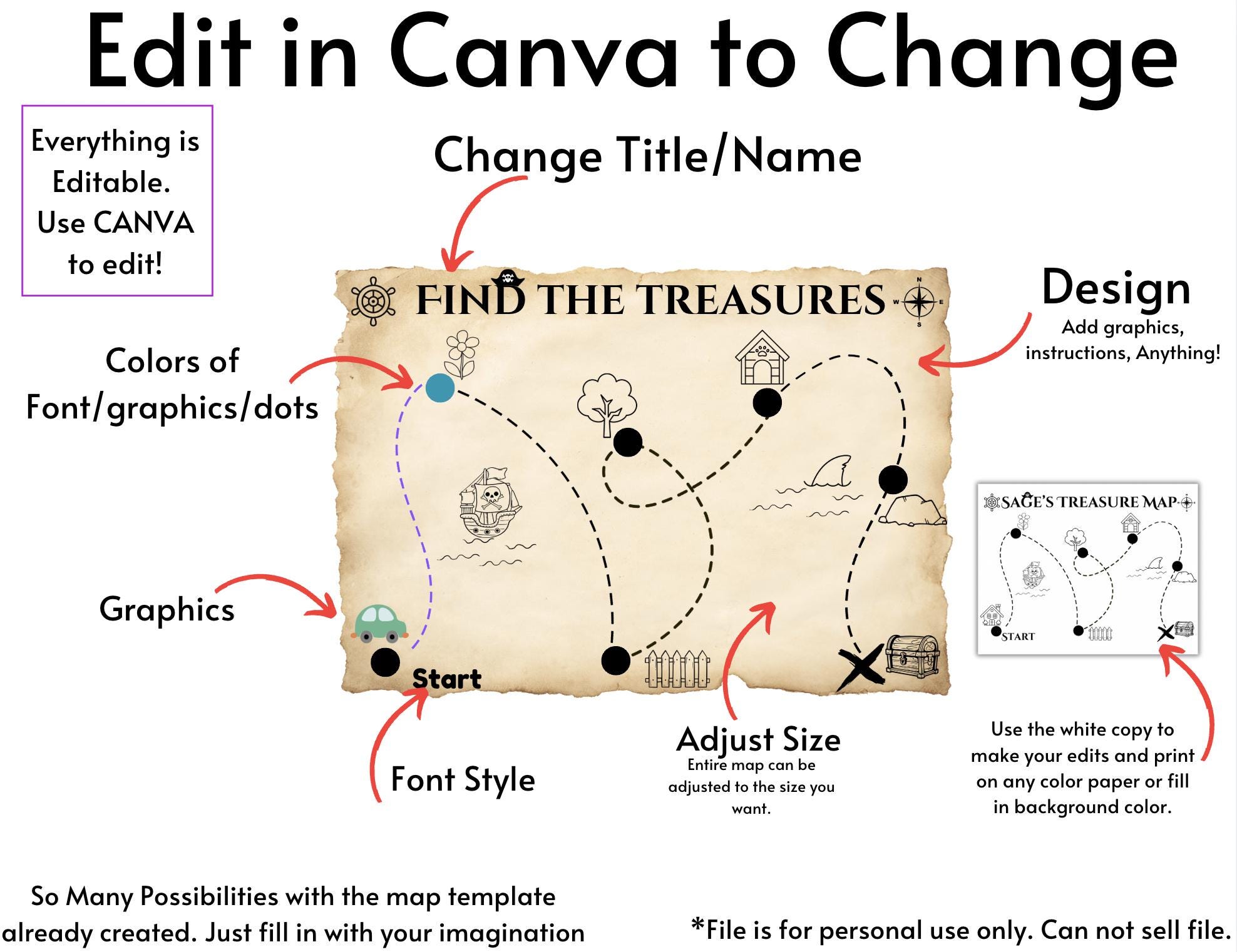 Editable Treasure Map Pirate Map DIGITAL DOWNLOAD // Printable Activity ...