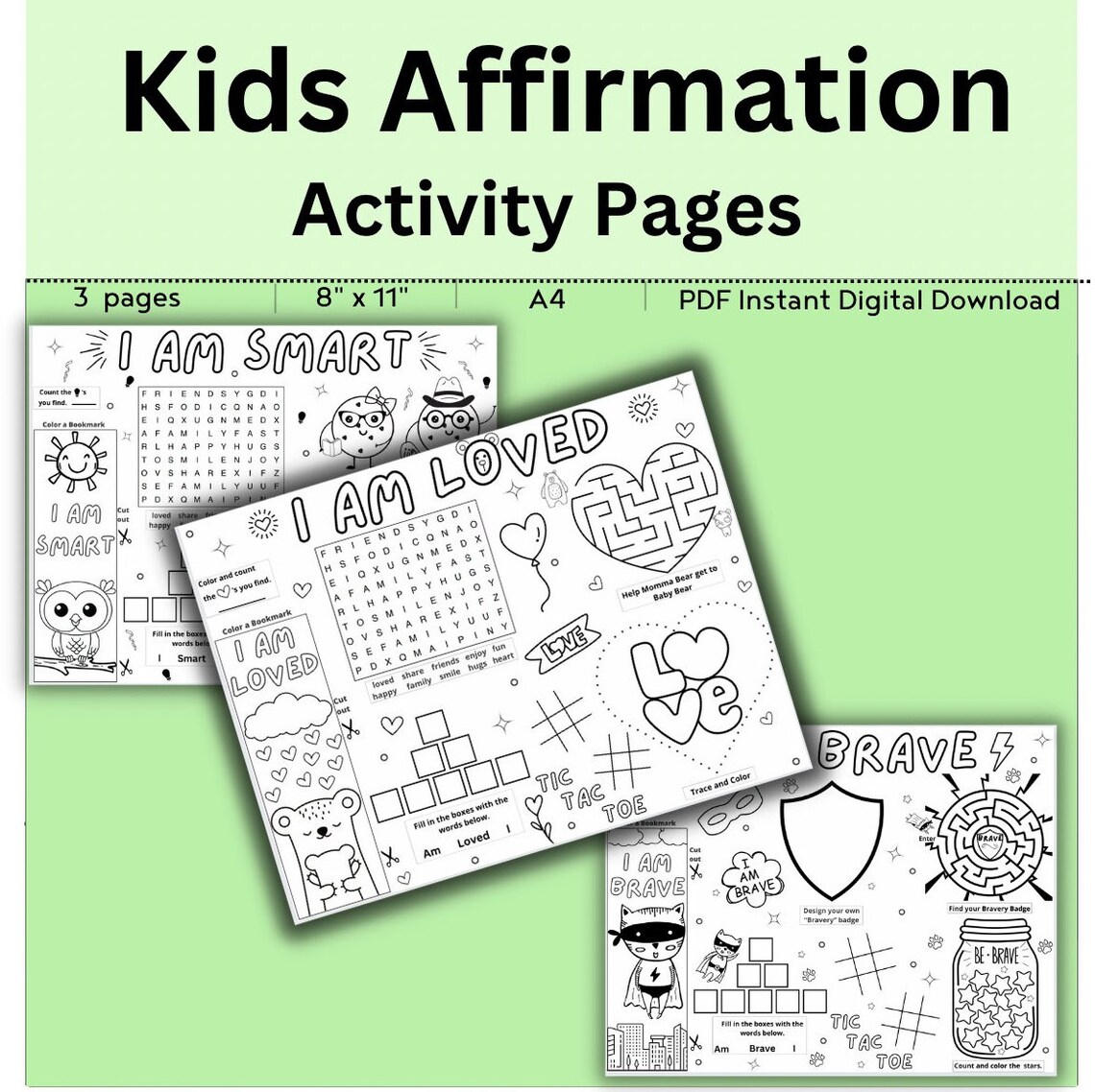 Positive Affirmations for Kids Activity Pages DIGITAL DOWNLOAD ...