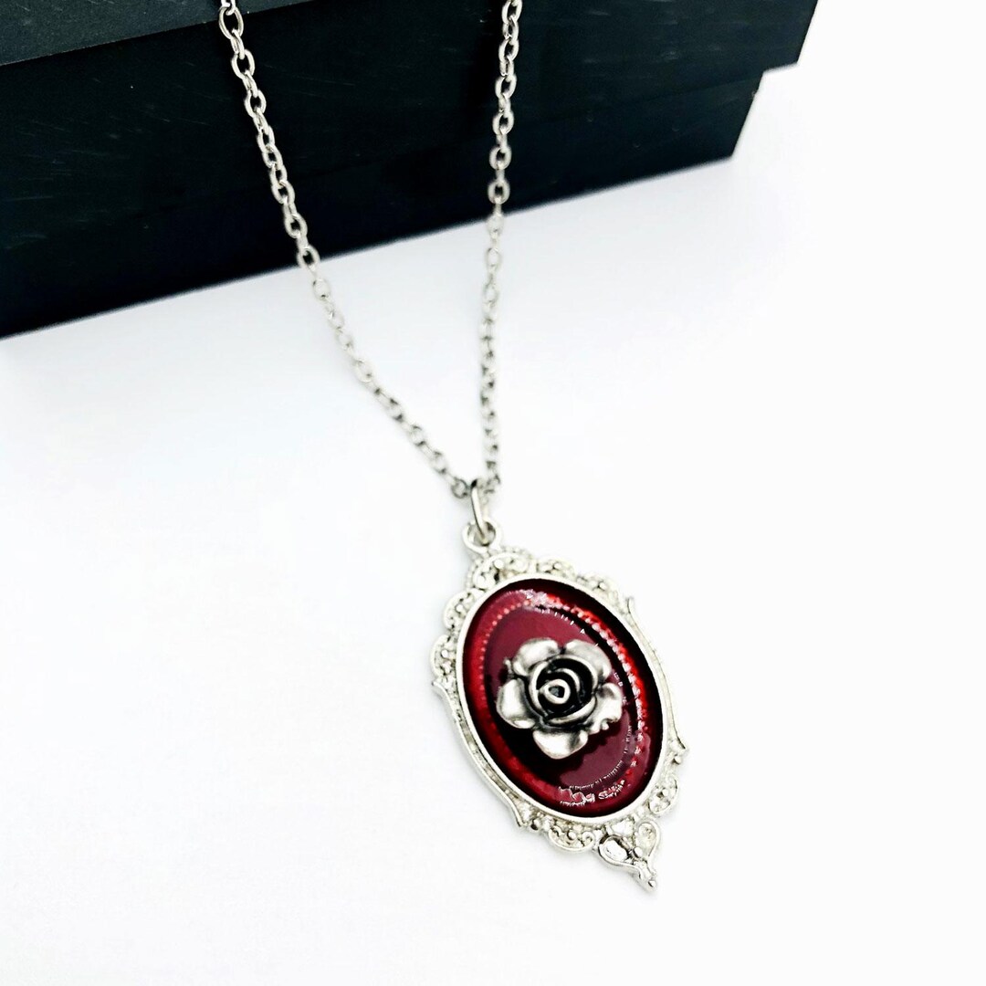 Red Enamel Rose Necklace: Antique Silver Gothic Medallion - Etsy
