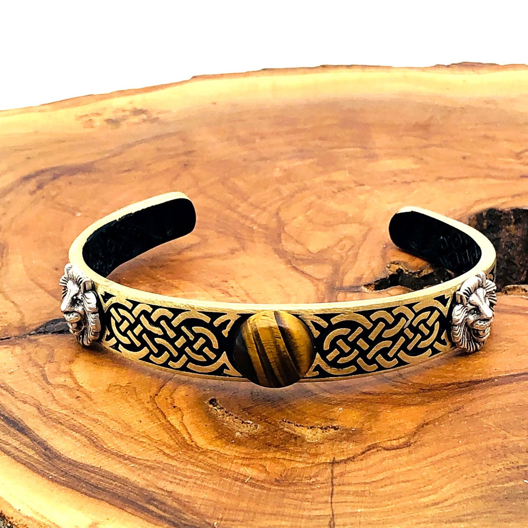 Gothic King Lion Double Headed Bangle With Tiger Eye, Leo Zodiac Charm ...